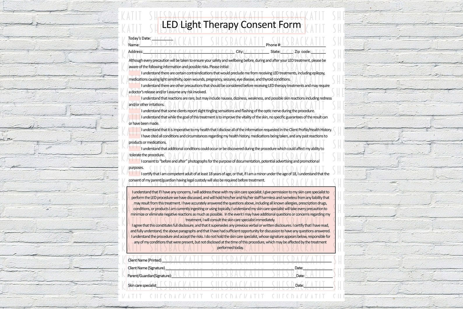 LED Light Therapy Form, Light Therapy Forms, Esthetician Consent Forms ...