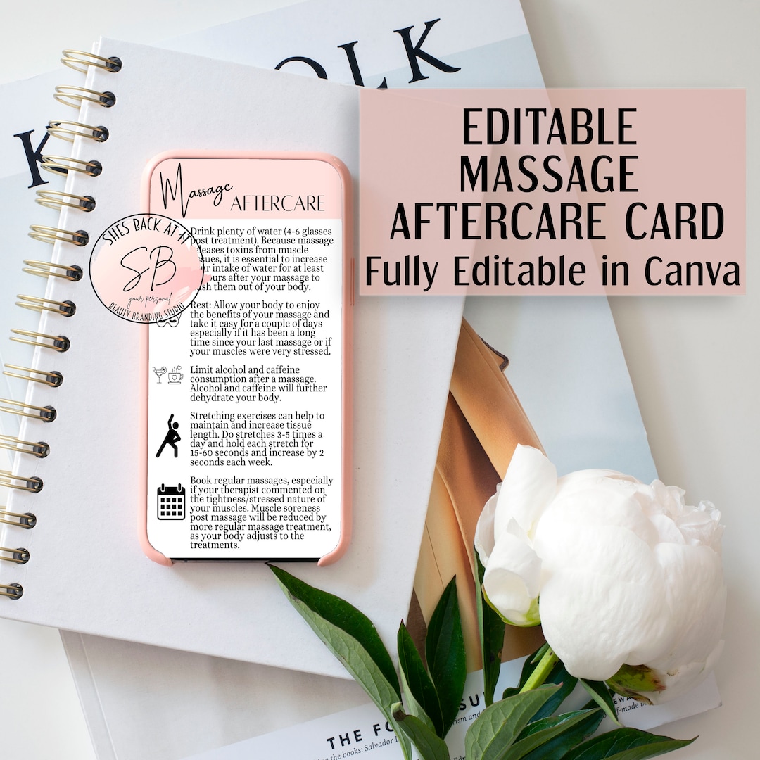 Massage Therapy Aftercare Card Template, Editable Soft Tissue Treatment ...