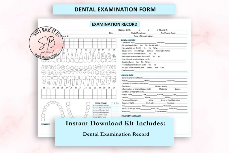 Dental Examination Form, Dental Record, Dental Chart, Dental Office ...