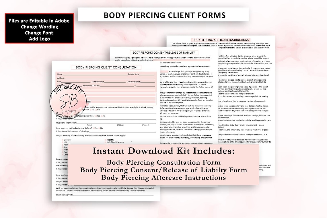 Body Piercing Consent Form, Body Piercing Release of Liability, Body ...