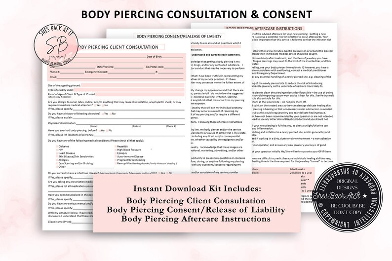 Body Piercing Consent Form Body Piercing Release of | Etsy