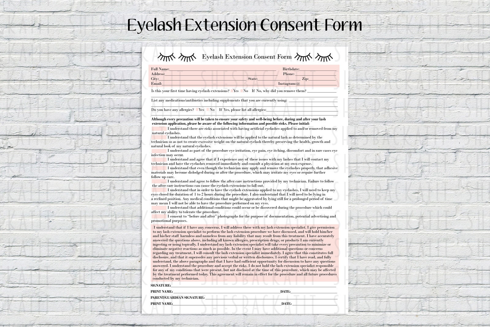 Eyelash Extension Client Consent Form Eyelash Extension Form | Etsy