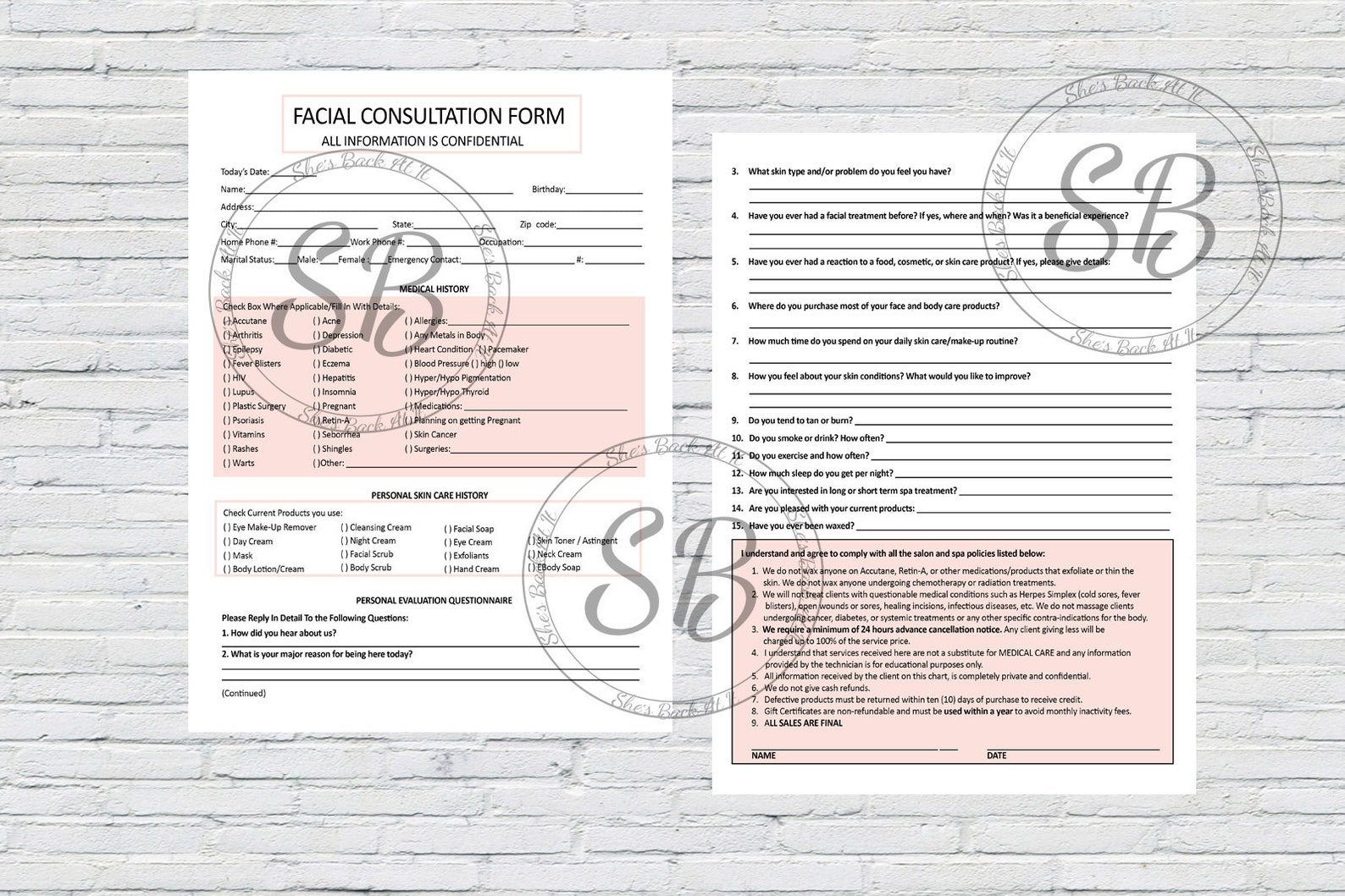 Facial Consultation Form, Facial Forms, Esthetician Consent Forms ...