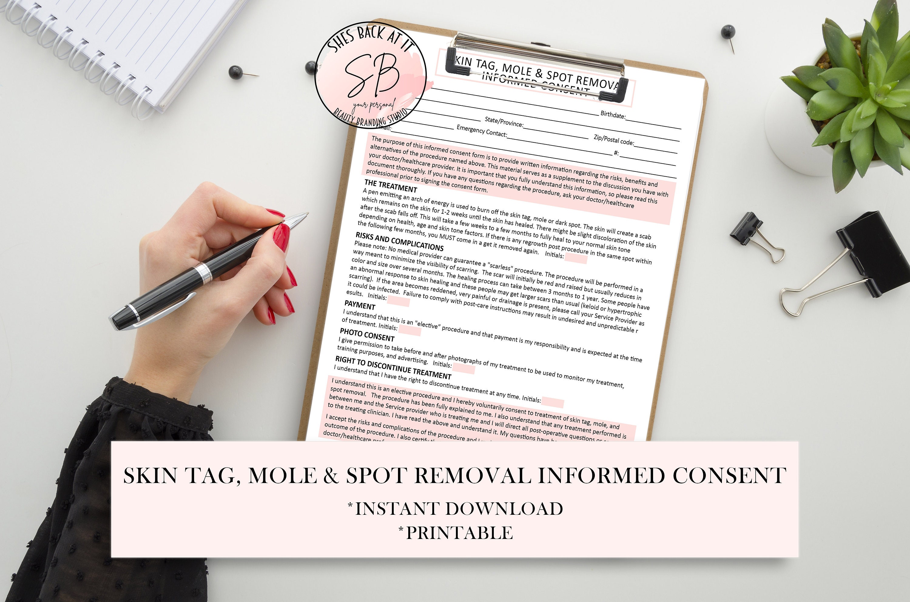 Skin Tag Removal Consent Form With Treatment Chart, Mole Removal ...
