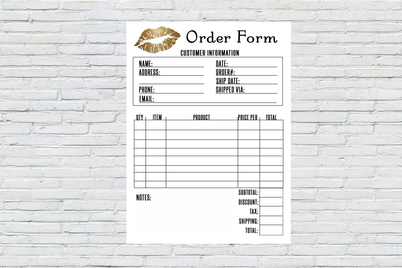 Printable Order Form, Gold Lips, Instant Download, Printable|invoice ...