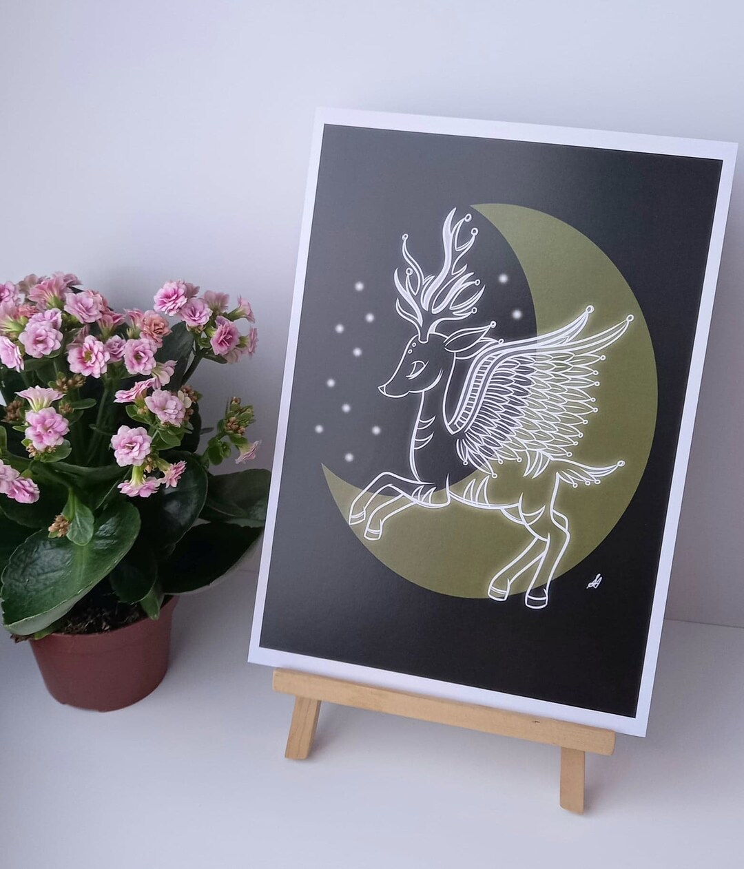 A4 Fantasy Art Print, Black and Gold Festive Illustration, Reindeer ...