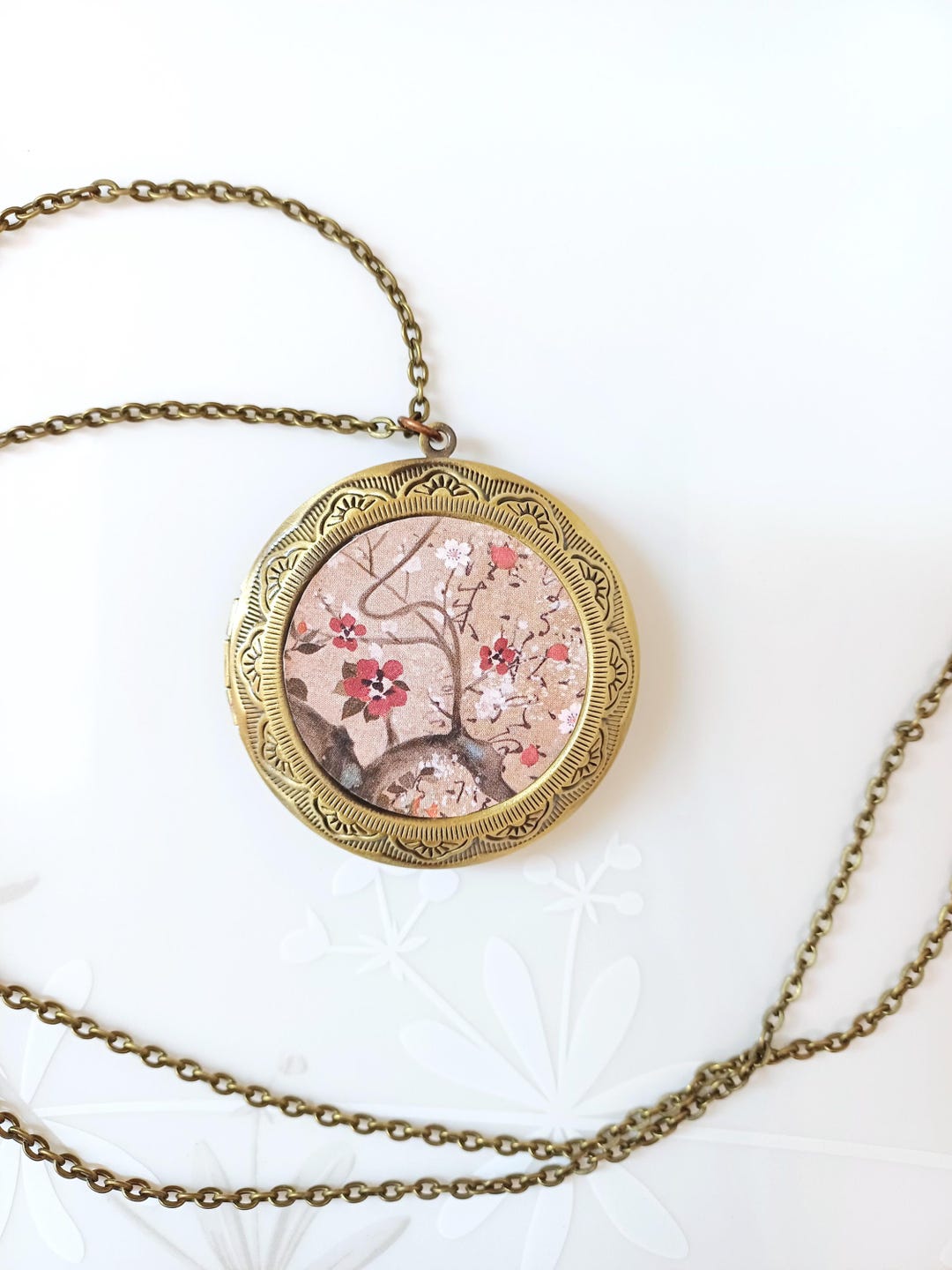 Large Vintage Cherry Blossom Photo Locket, Japanese Flower Photo ...
