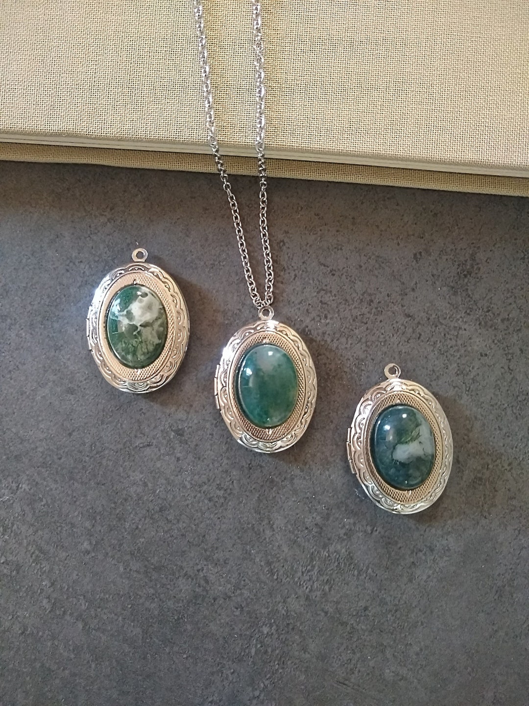 Oval Photo Locket With Moss Green Agate Stone, Silver Color Photo ...