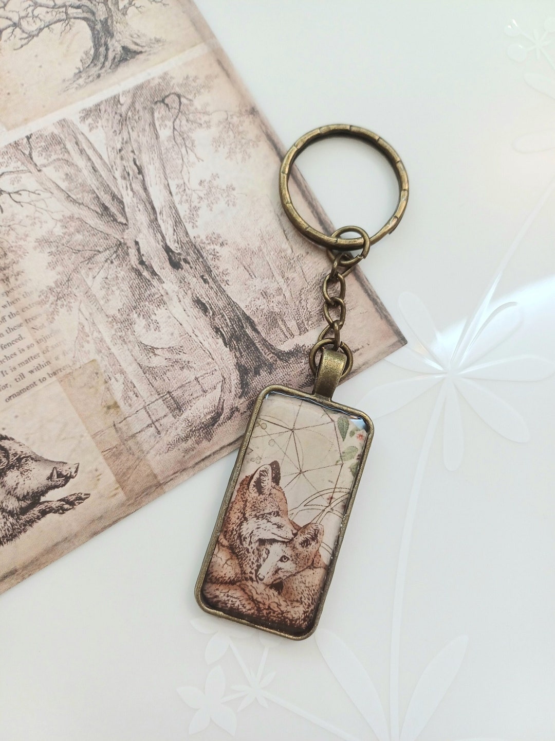 Handcrafted Key Ring With Forest Themed Foxes, Vintage Style ...