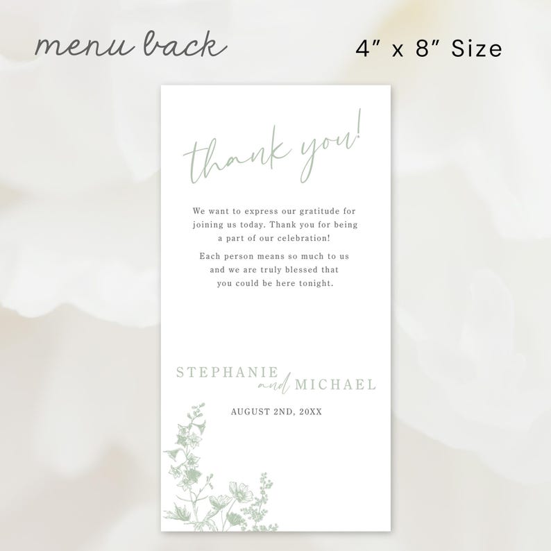 Sage Green Printed Wedding Menu Card Green Floral Reception Dinner Menu ...
