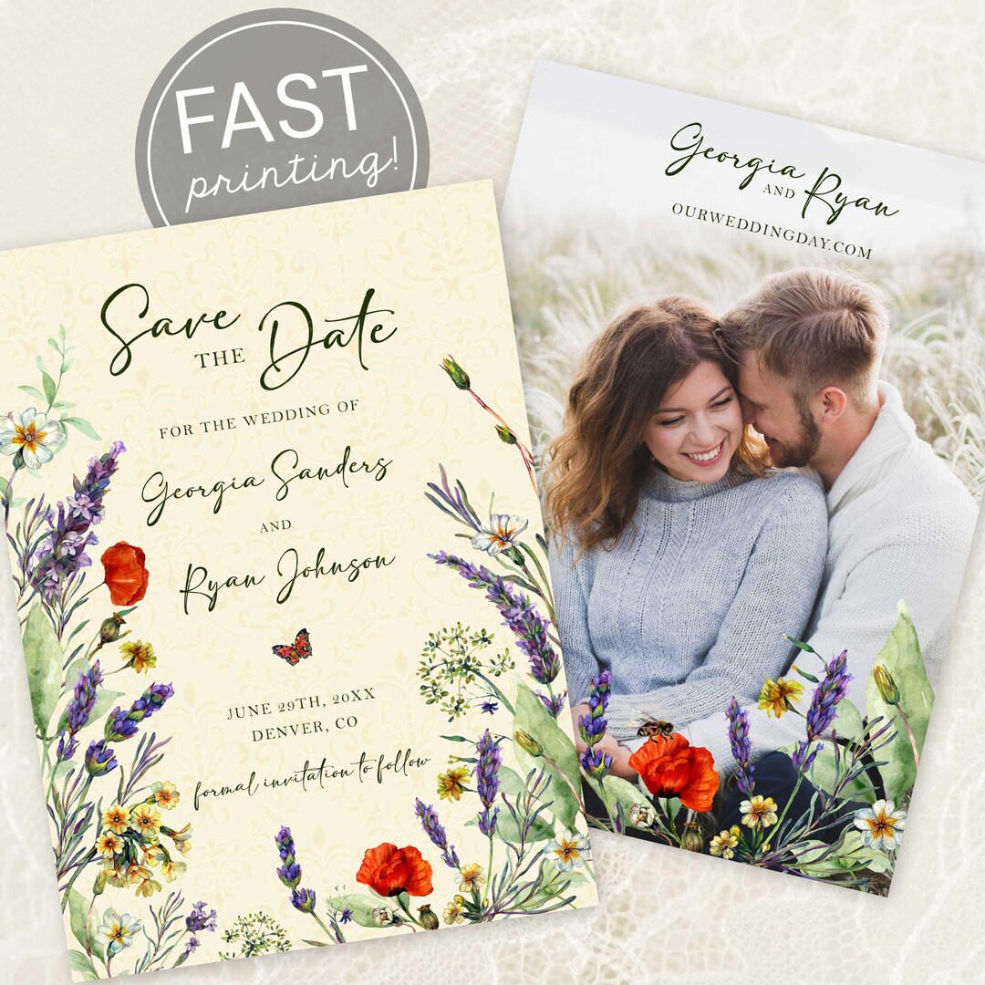 Wildflower Printed Save the Date Card Photo Personalized Save Our Date ...