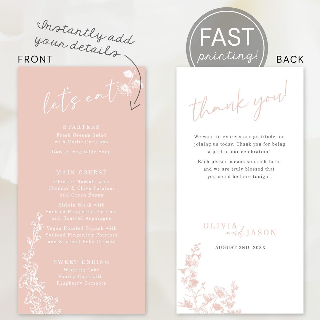 Printed Wedding Menu Card Blush Pink Floral Reception Dinner Menu ...