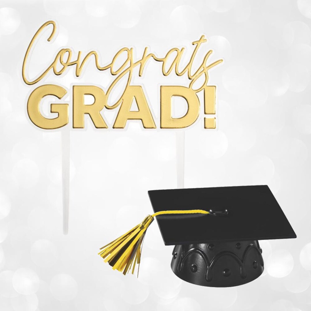 Congrats Grad Gold Cake Topper With Black Grad Cap Decoration for ...