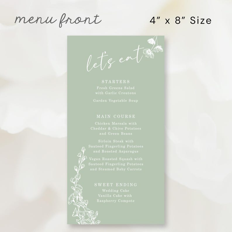 Sage Green Printed Wedding Menu Card Green Floral Reception Dinner Menu ...