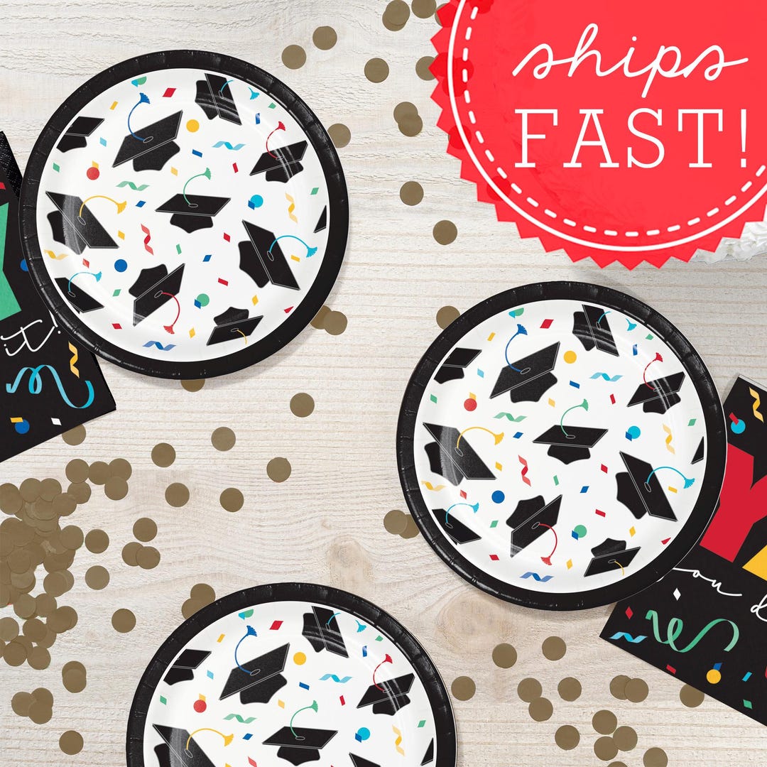 7" Graduation Cake Plates, Small Paper Dessert Plates, Colorful Grad ...