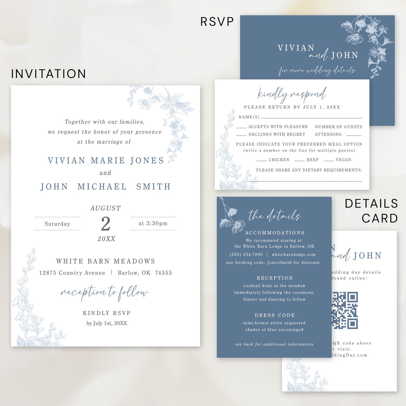 Wedding Suite Template Floral Design Blue Pattern Custom Editable ...