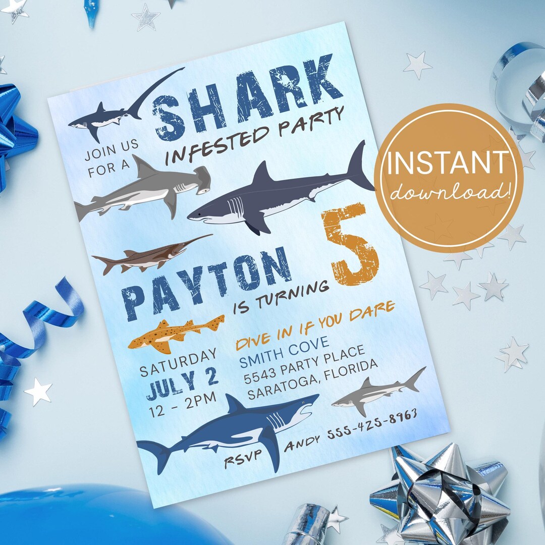 Shark Infested Birthday Invitation Template Custom Shark Fin Party ...