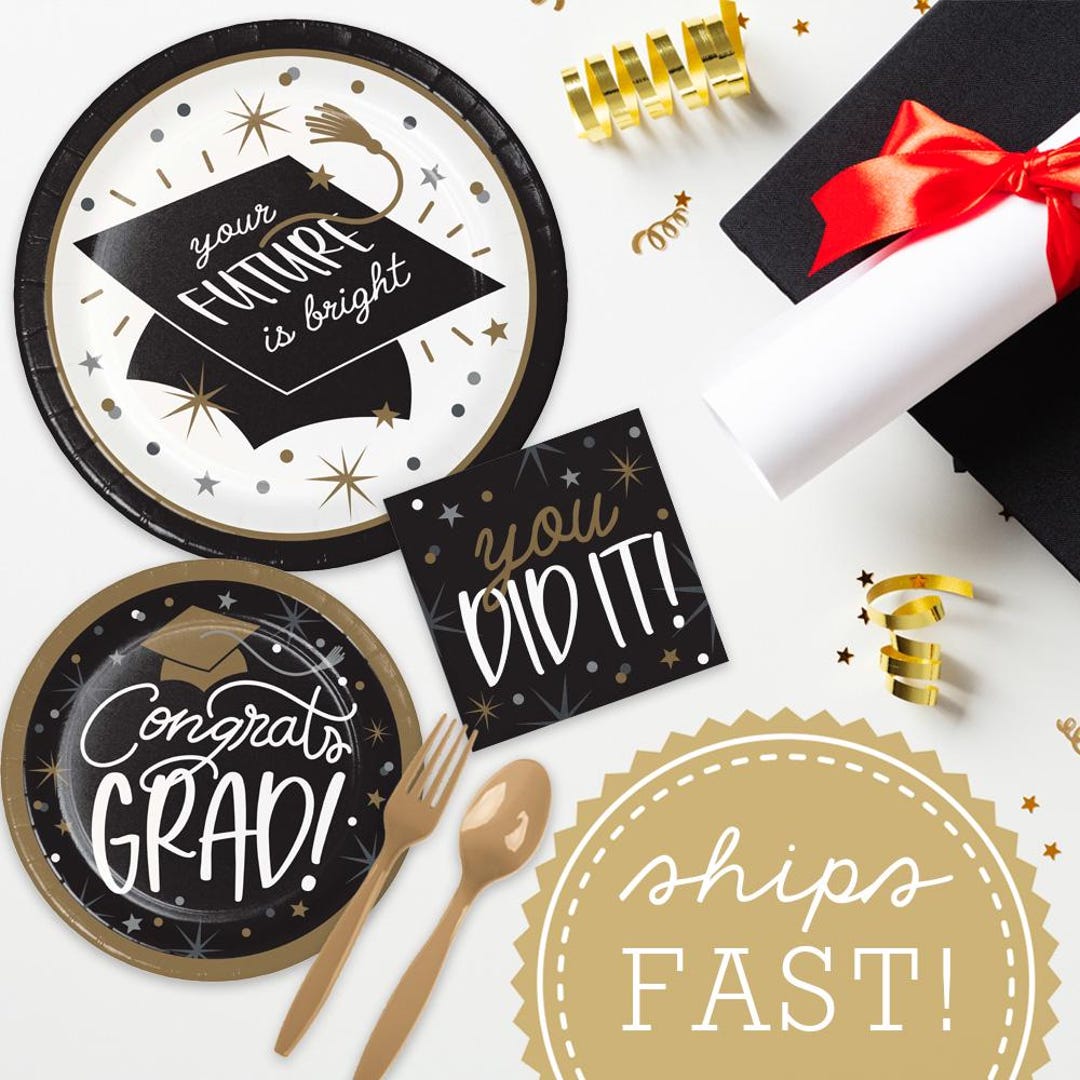 Glowing Graduation Party Supplies Bundle for 8, Black & Gold Grad ...