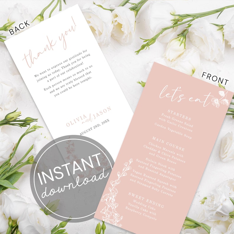 Wedding Menu Card Template Floral Design Rose Gold Pattern Editable ...