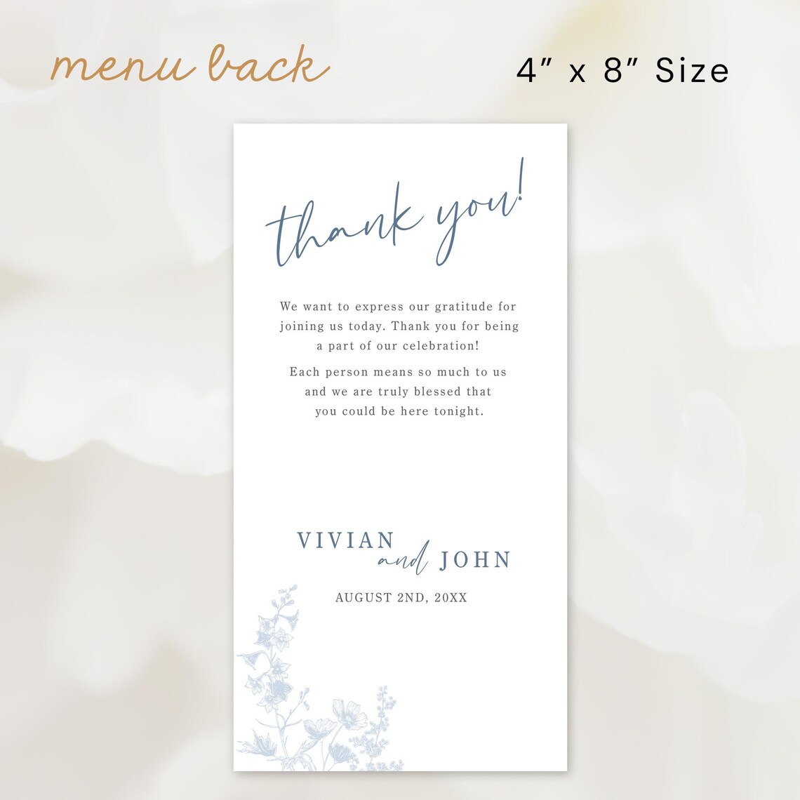 Printed Wedding Menu Card Blue Floral Reception Table Decor Dinner Menu ...
