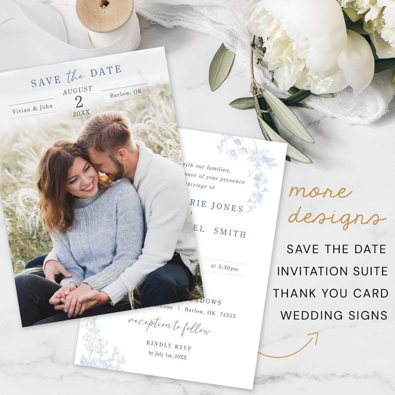 Printed Wedding Menu Card Blue Floral Reception Table Decor Dinner Menu ...