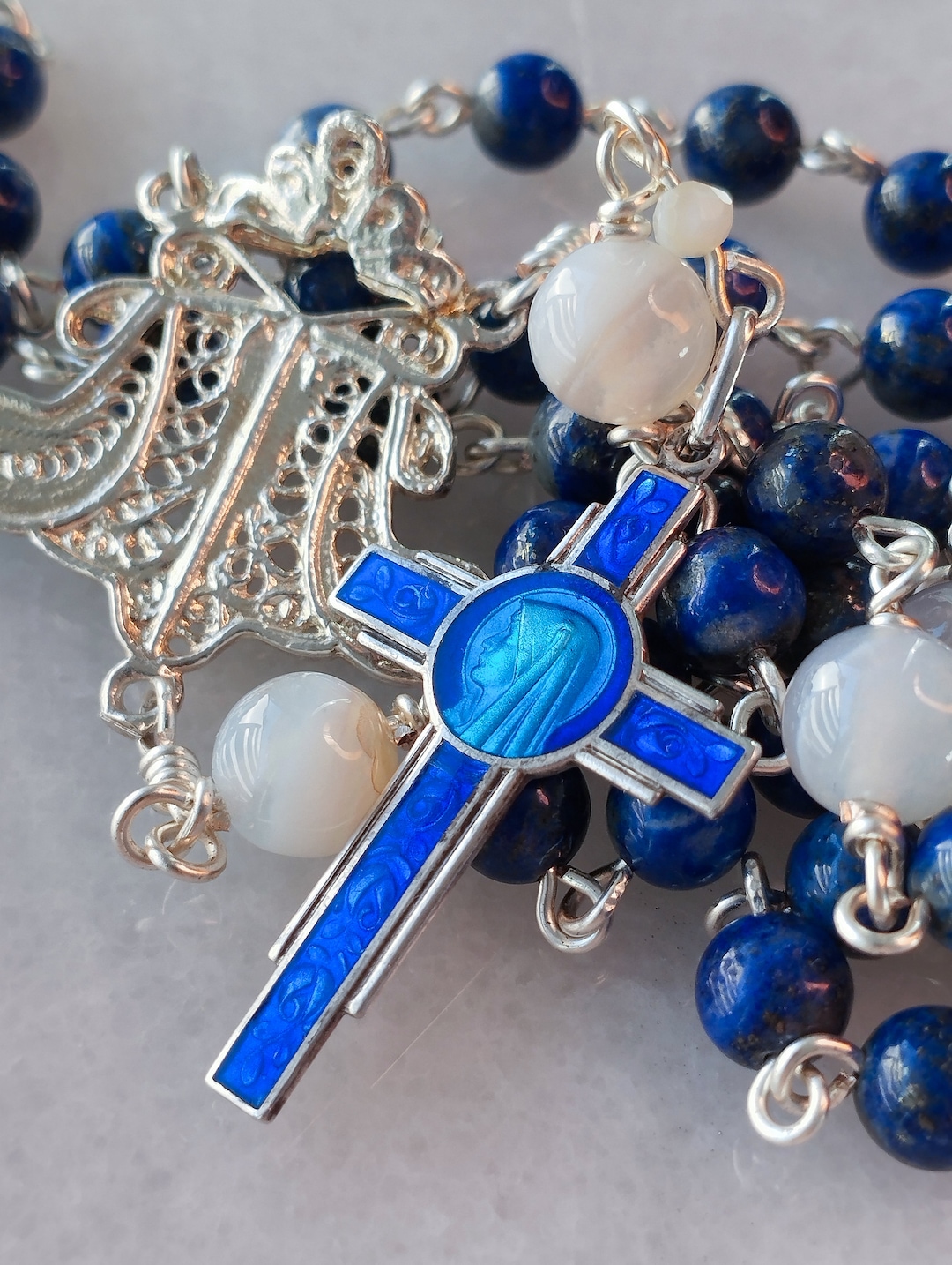 Lapis Lazuli Semi-precious Natural Stone Rosary and Silver Metal ...