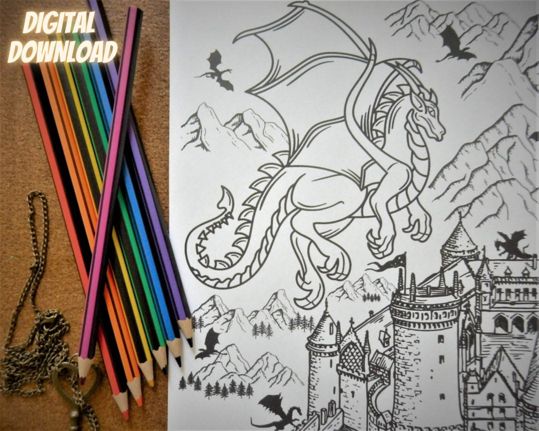 Dragons Fantasy Inspired A4 Colouring Sheet Digital Download Print at ...