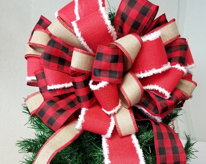 Christmas Tree Topper Bow Buffalo Plaid - Burlap 36" Streamers, Rustic ...