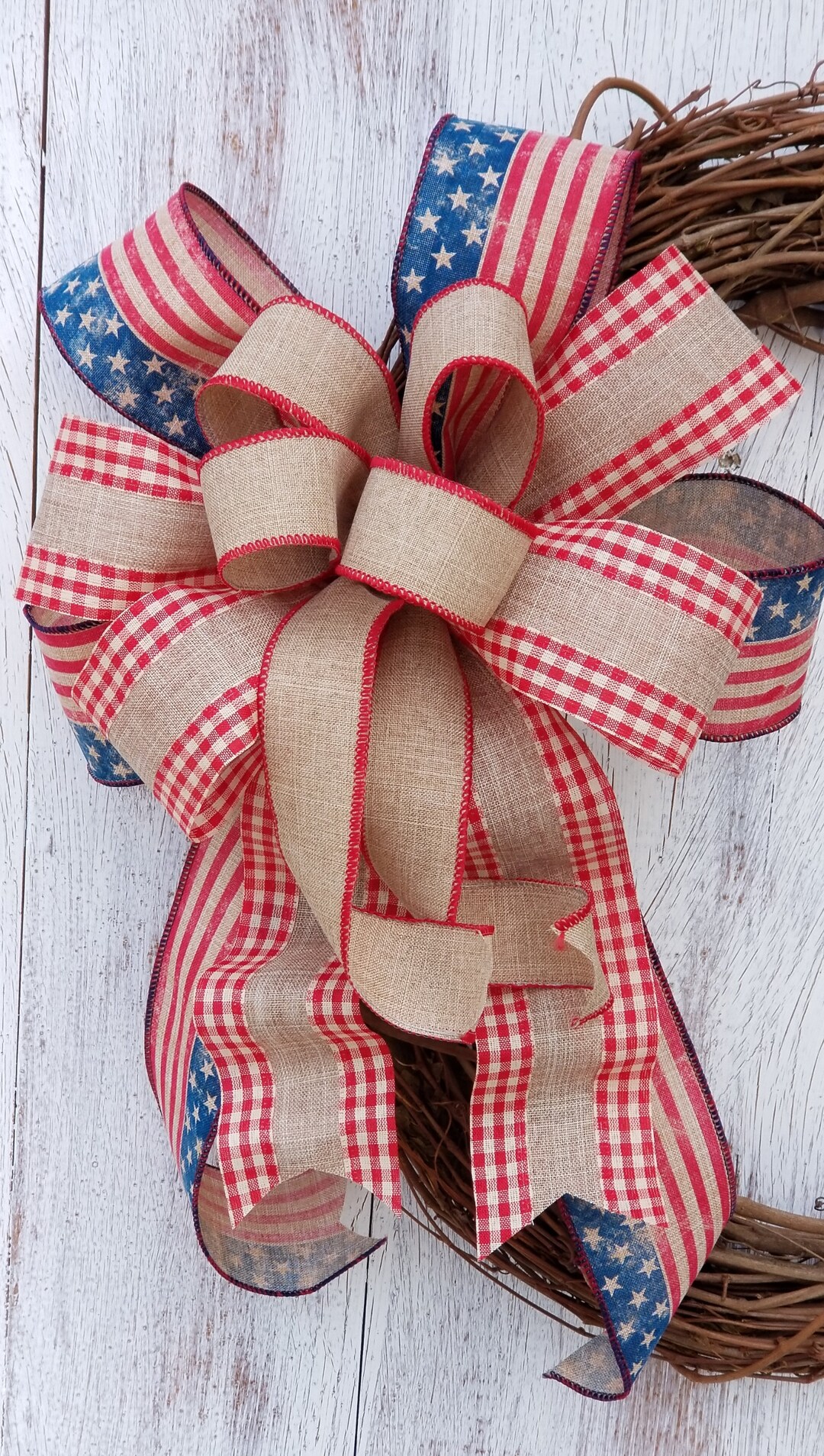 Red White Blue Bow for Patriotic Wreath, Primitive Americana Decor, 4th ...