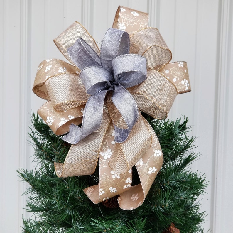 Elegant Gold Silver Christmas Tree Topper Bow Champagne Gold - Etsy