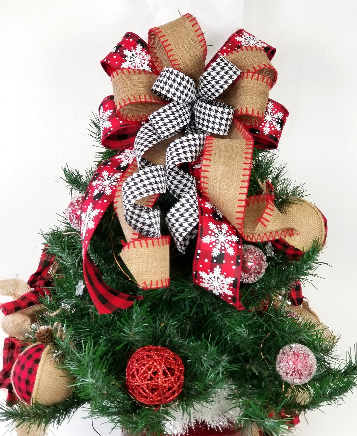 Rustic Farmhouse Tree Topper Bow Christmas Buffalo Plaid and | Etsy