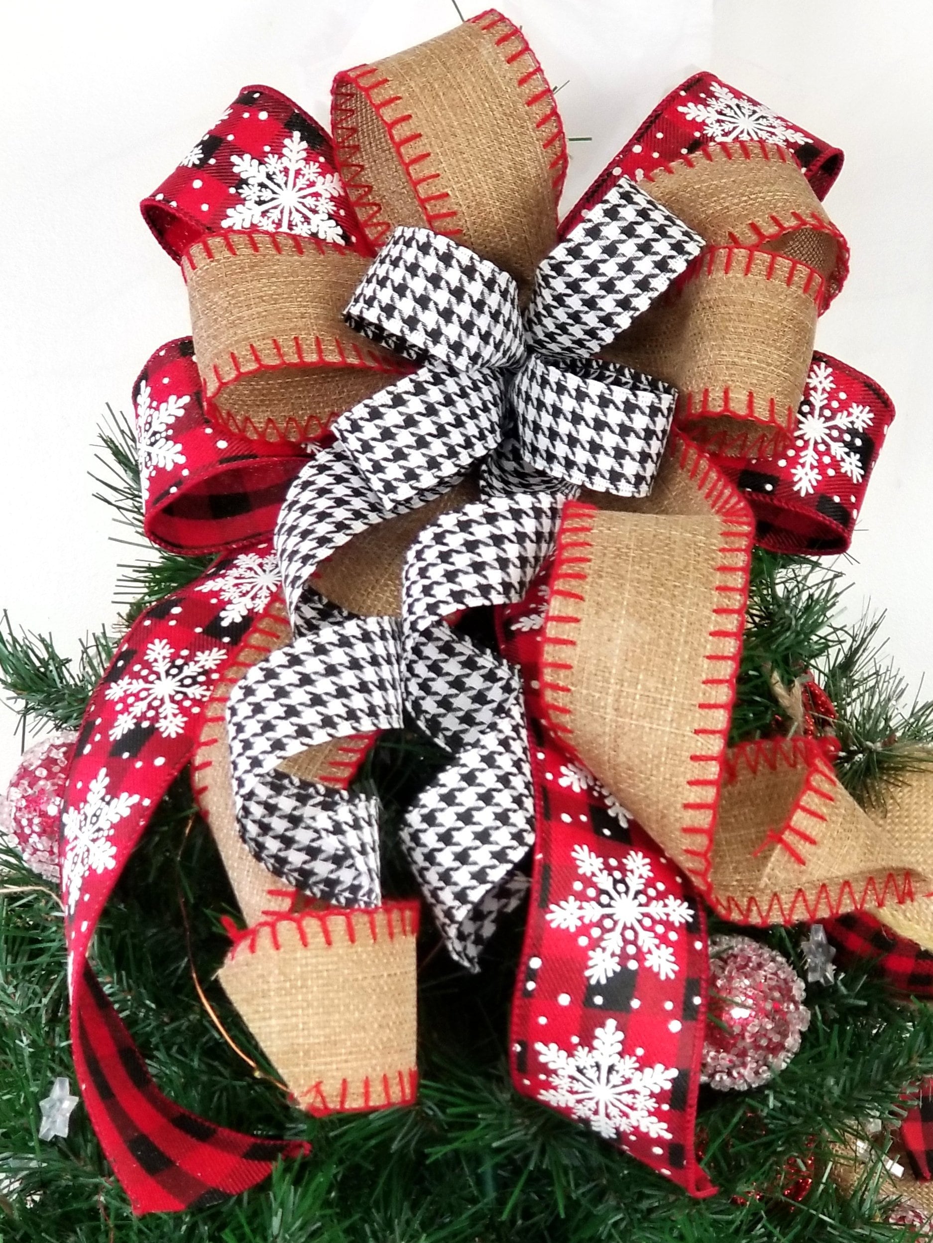 Rustic Farmhouse Tree Topper Bow Christmas Buffalo Plaid and | Etsy