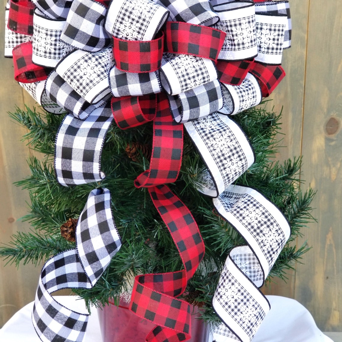 Black and White Christmas Tree Topper Bow Buffalo Plaid - Etsy