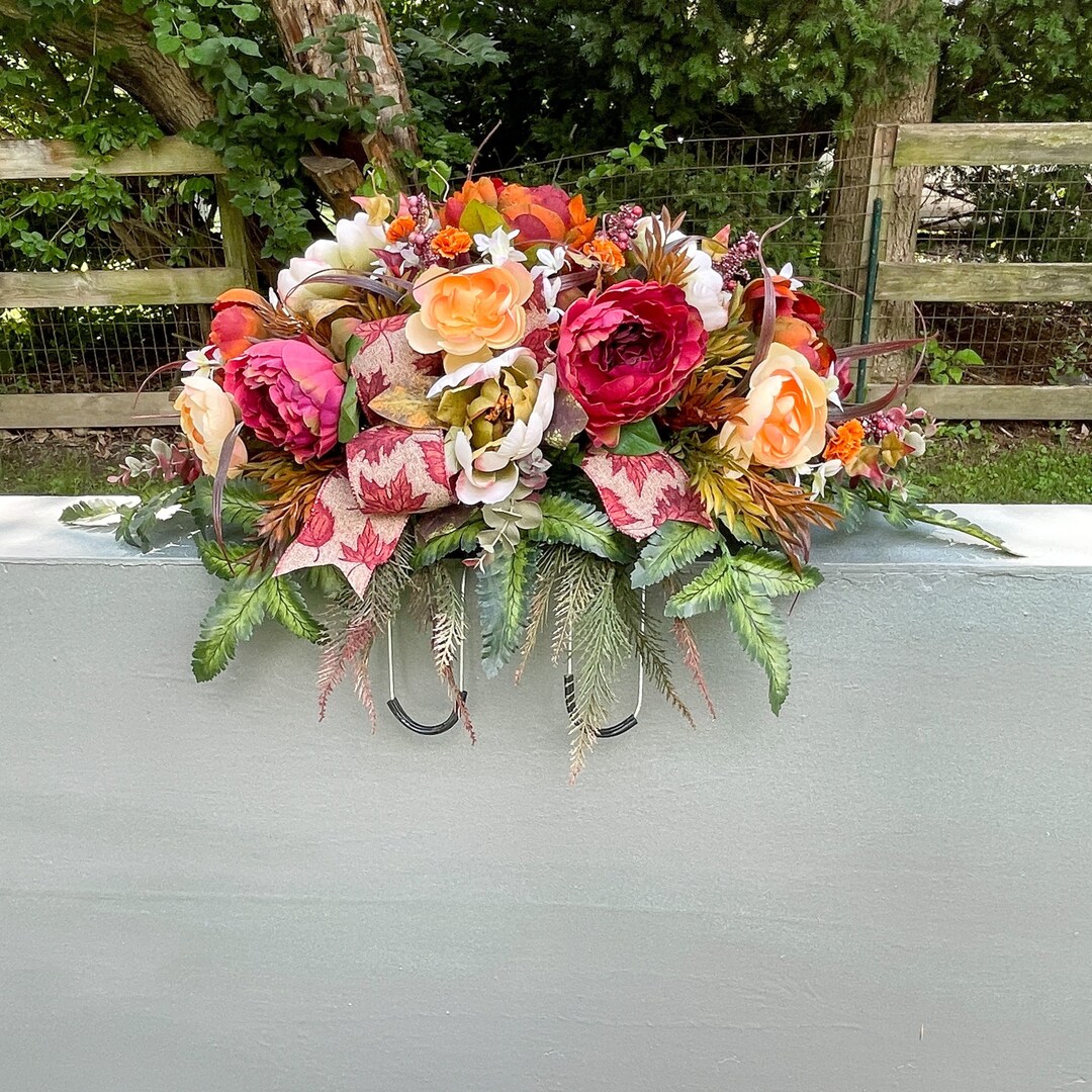 Fall Cemetery Saddle for Double Headstone, Fall Peony Grave Decoration ...