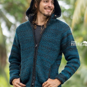 Handmade Wool Fleece Lined Hoodie: Teal Charcoal Nepali Knit Jacket - Etsy