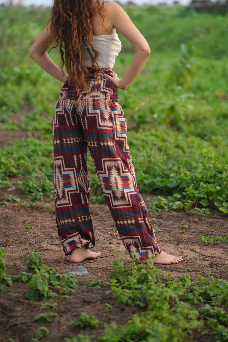 Maroon Aztec Harem Pants: Boho Fleece Blanket Trousers - Etsy
