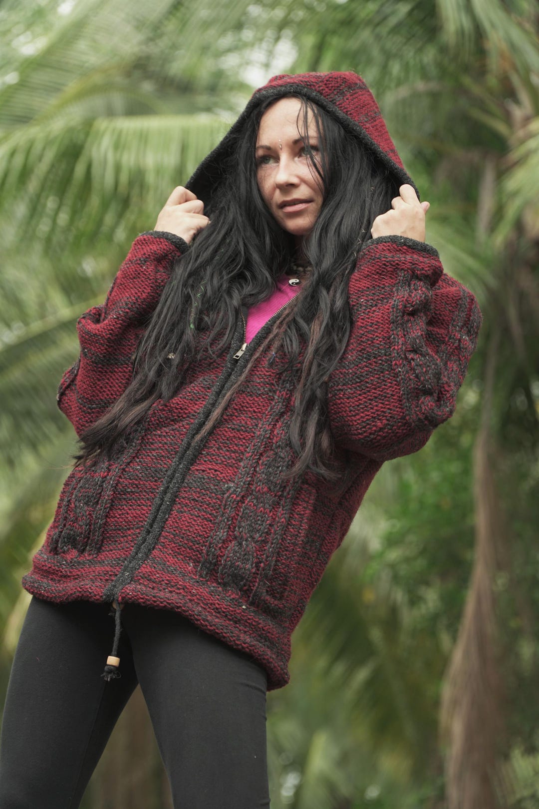 Maroon Aran Wool Fleece Lined Hoodie: Detachable Hood - Etsy