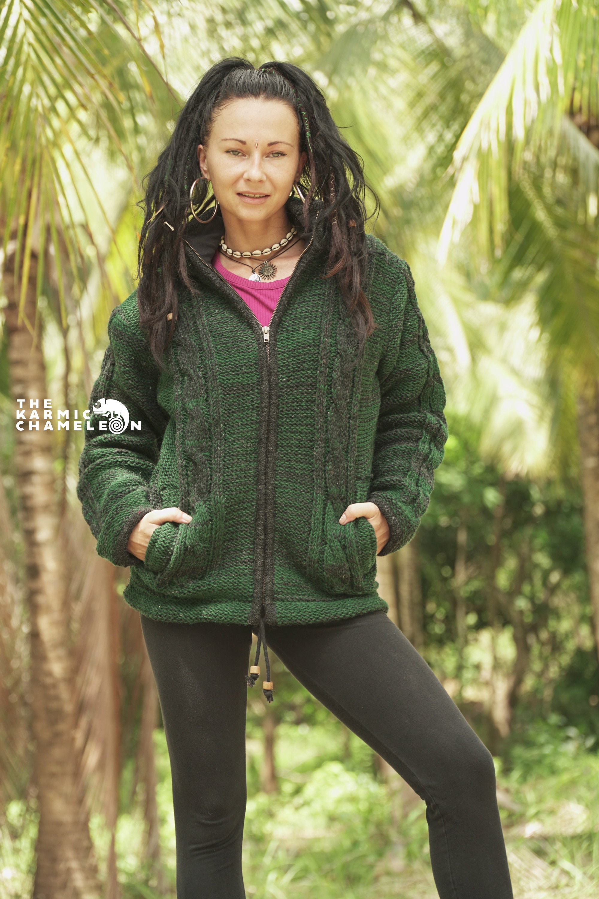 Warm Green Wool Jacket, Double Knitted Thick Fleece Lined Hooded Coat ...