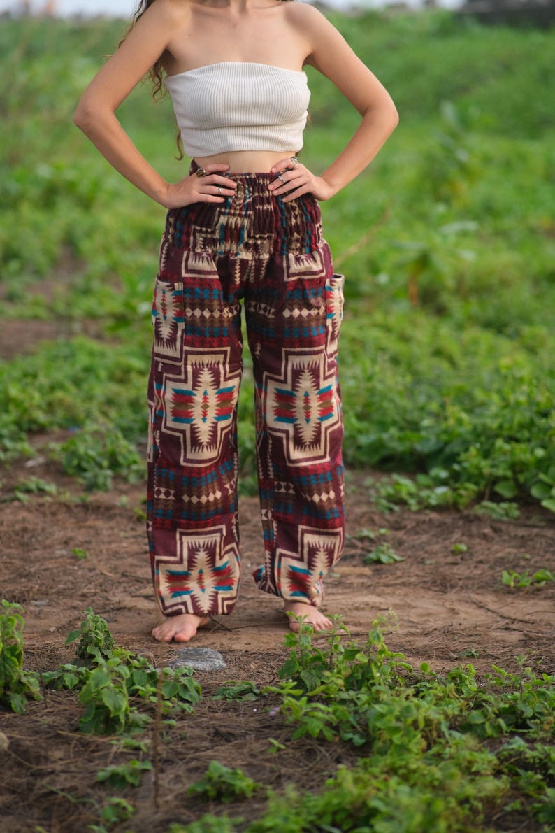 Maroon Aztec Harem Pants: Boho Fleece Blanket Trousers - Etsy