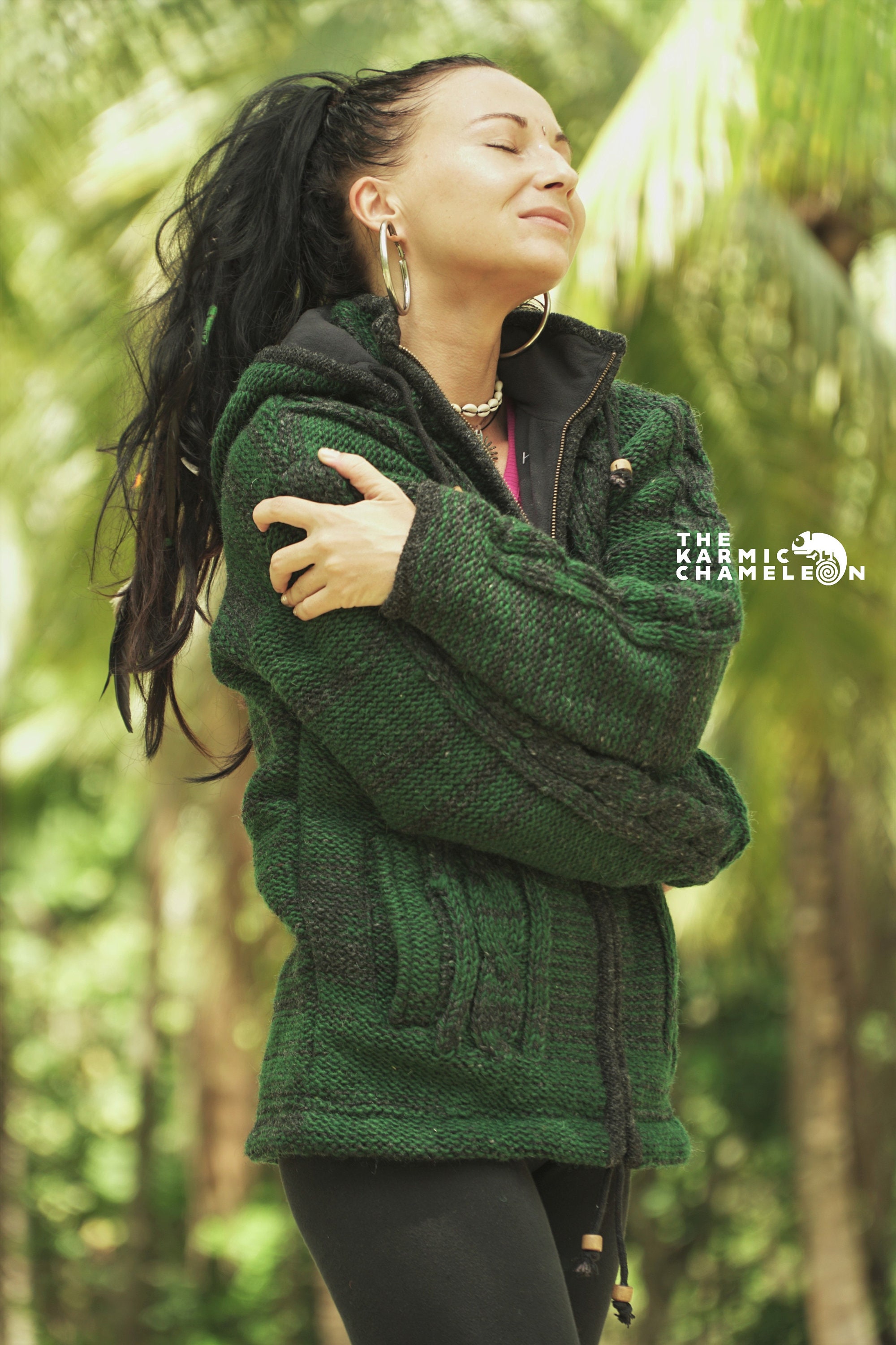 Warm Green Wool Jacket, Double Knitted Thick Fleece Lined Hooded Coat ...