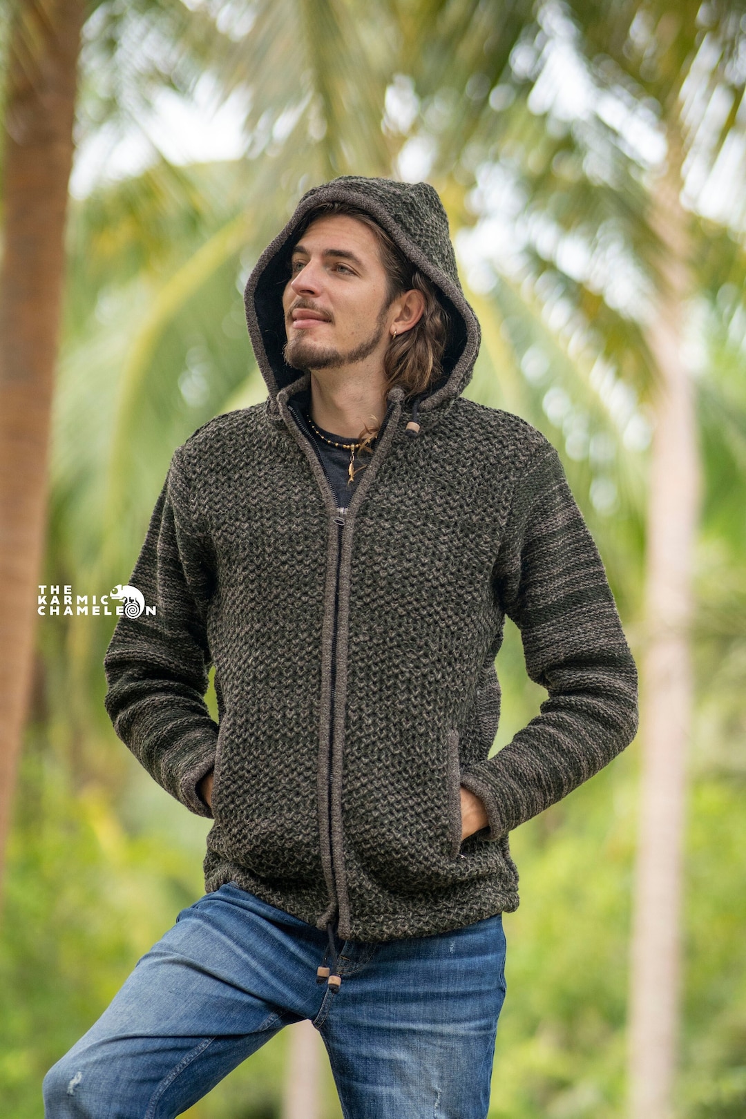 Warm Wool Hoodie Jacket Thick Winter Fleece Lined Hippie Coat Brown ...