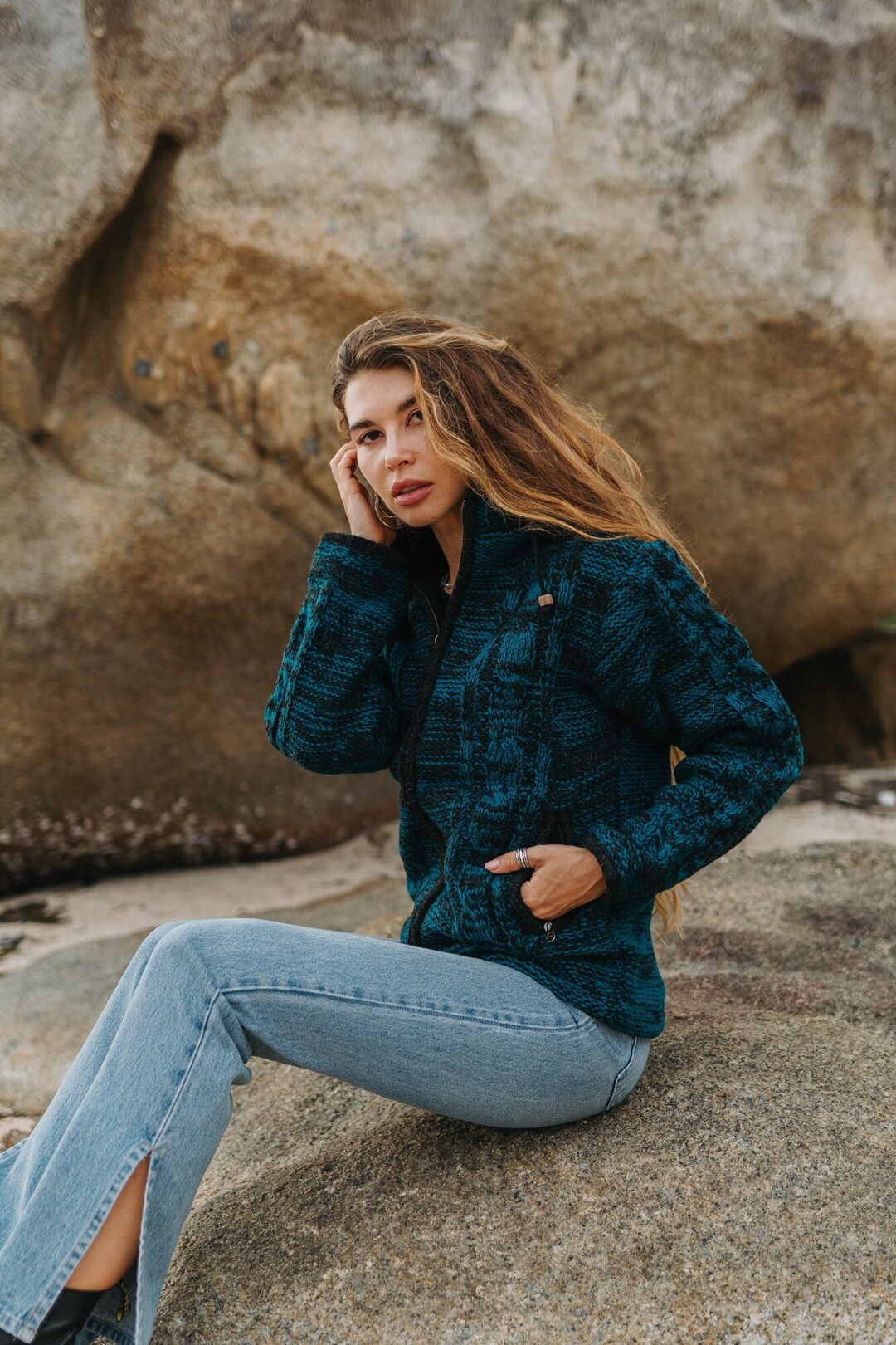Teal Aran Wool Hoodie Fleece Lined Jacket Double Knitted Thick Winter ...