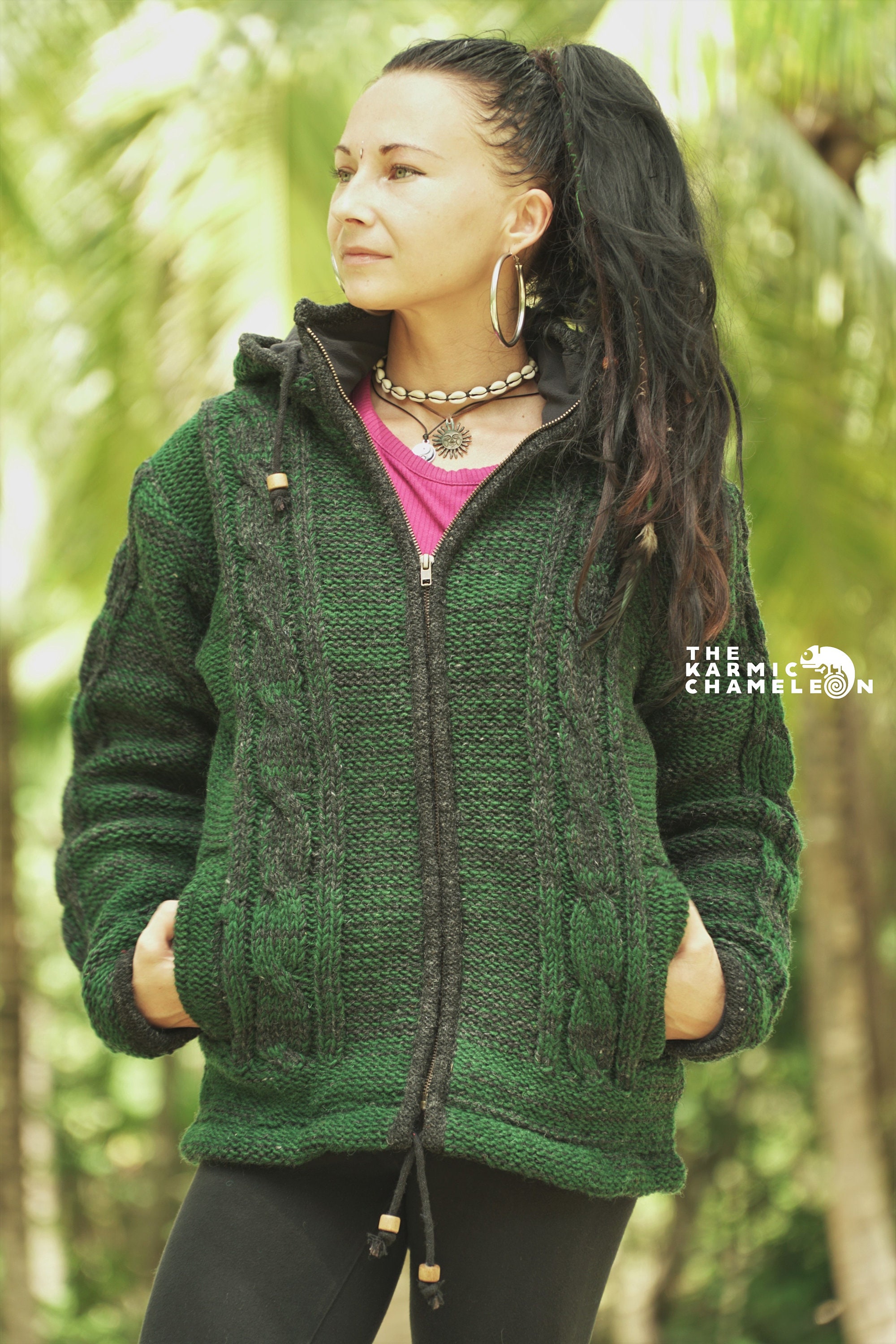 Warm Green Wool Jacket, Double Knitted Thick Fleece Lined Hooded Coat ...