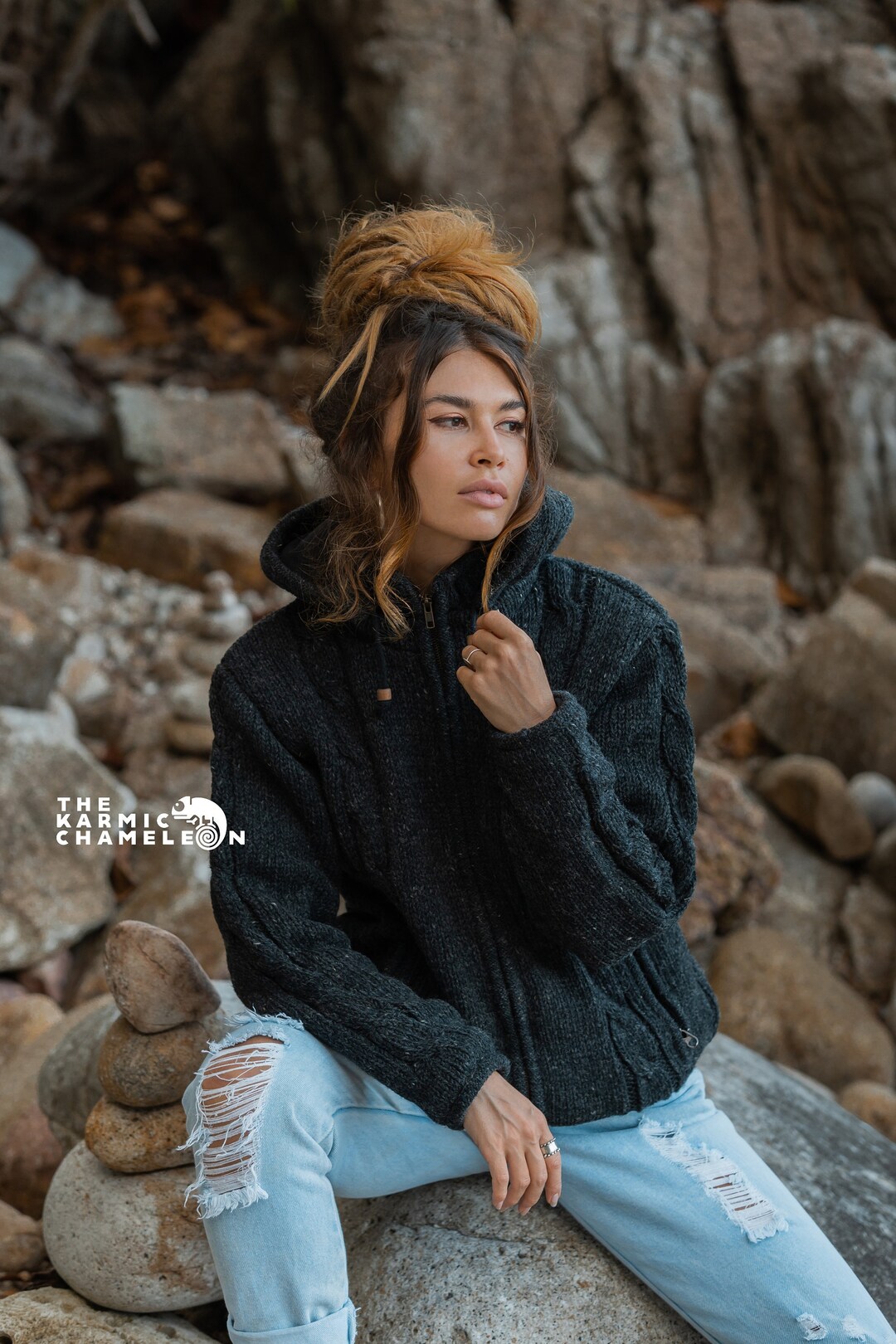 Warm Grey Wool Coat Jacket Aran Double Knitted Thick Fleece Lined ...