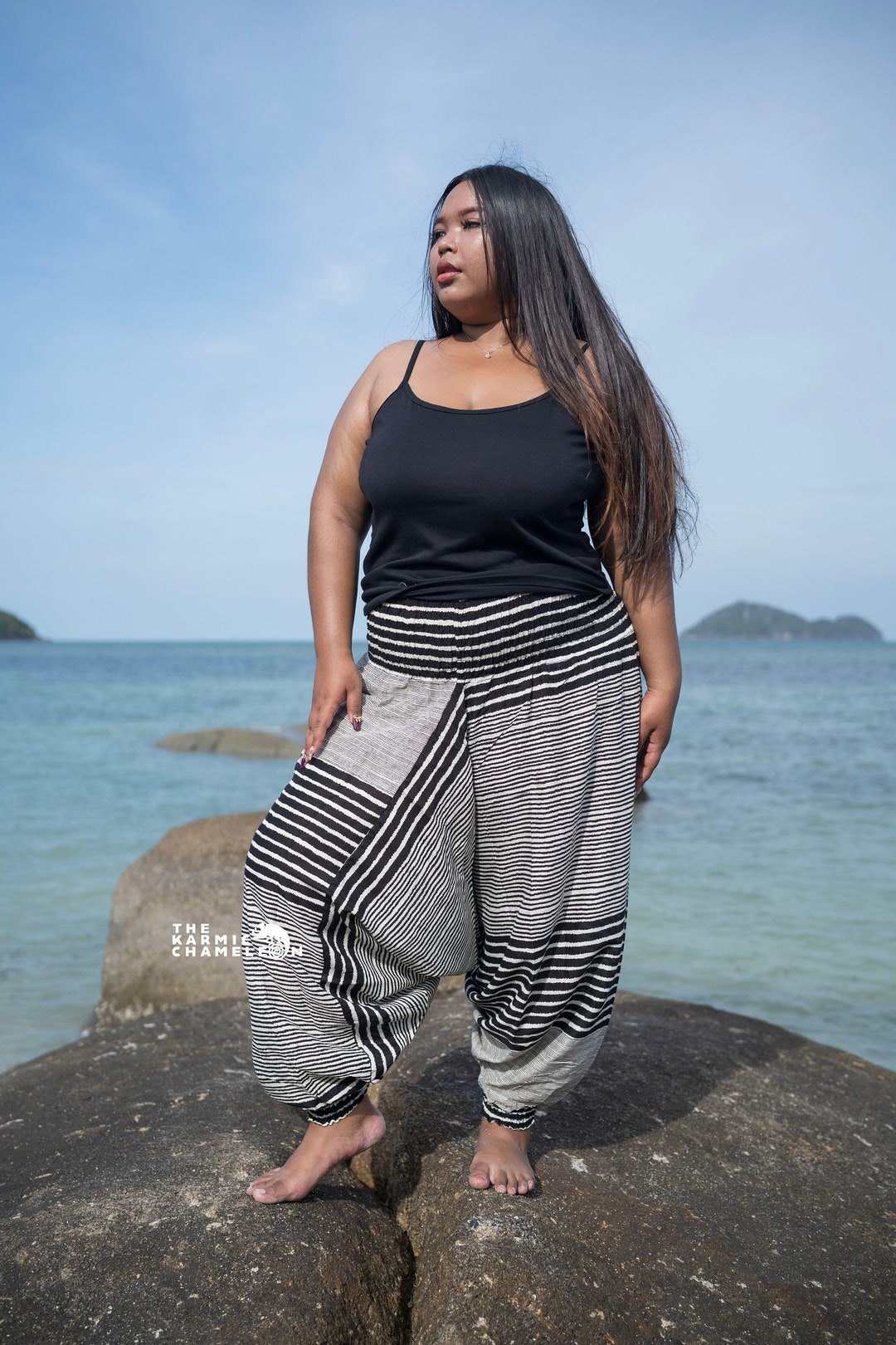 Plus Size Black Striped Harem Pants Yoga Trousers Aladdin Pants Comfy ...