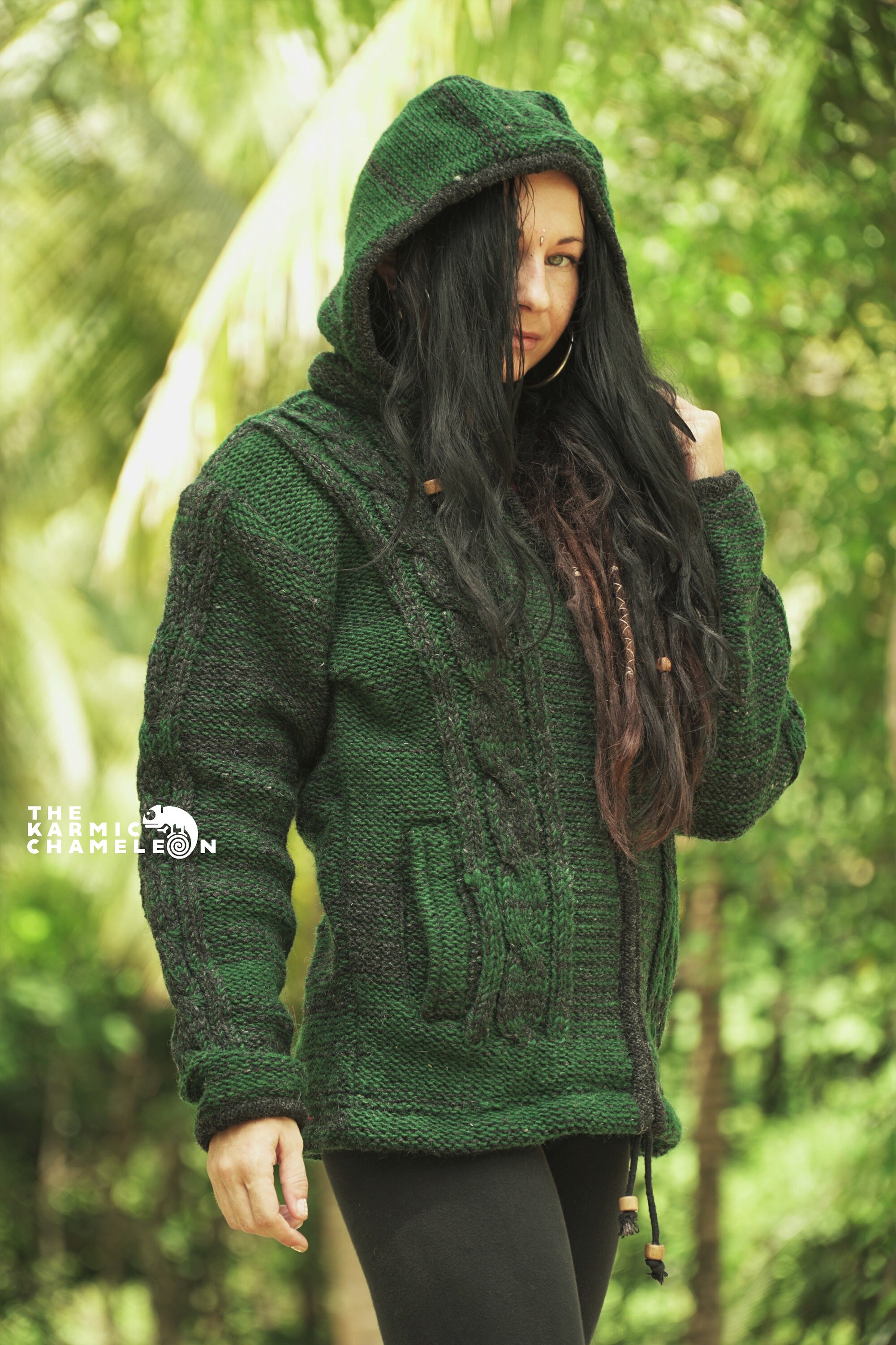 Warm Green Wool Jacket, Double Knitted Thick Fleece Lined Hooded Coat ...