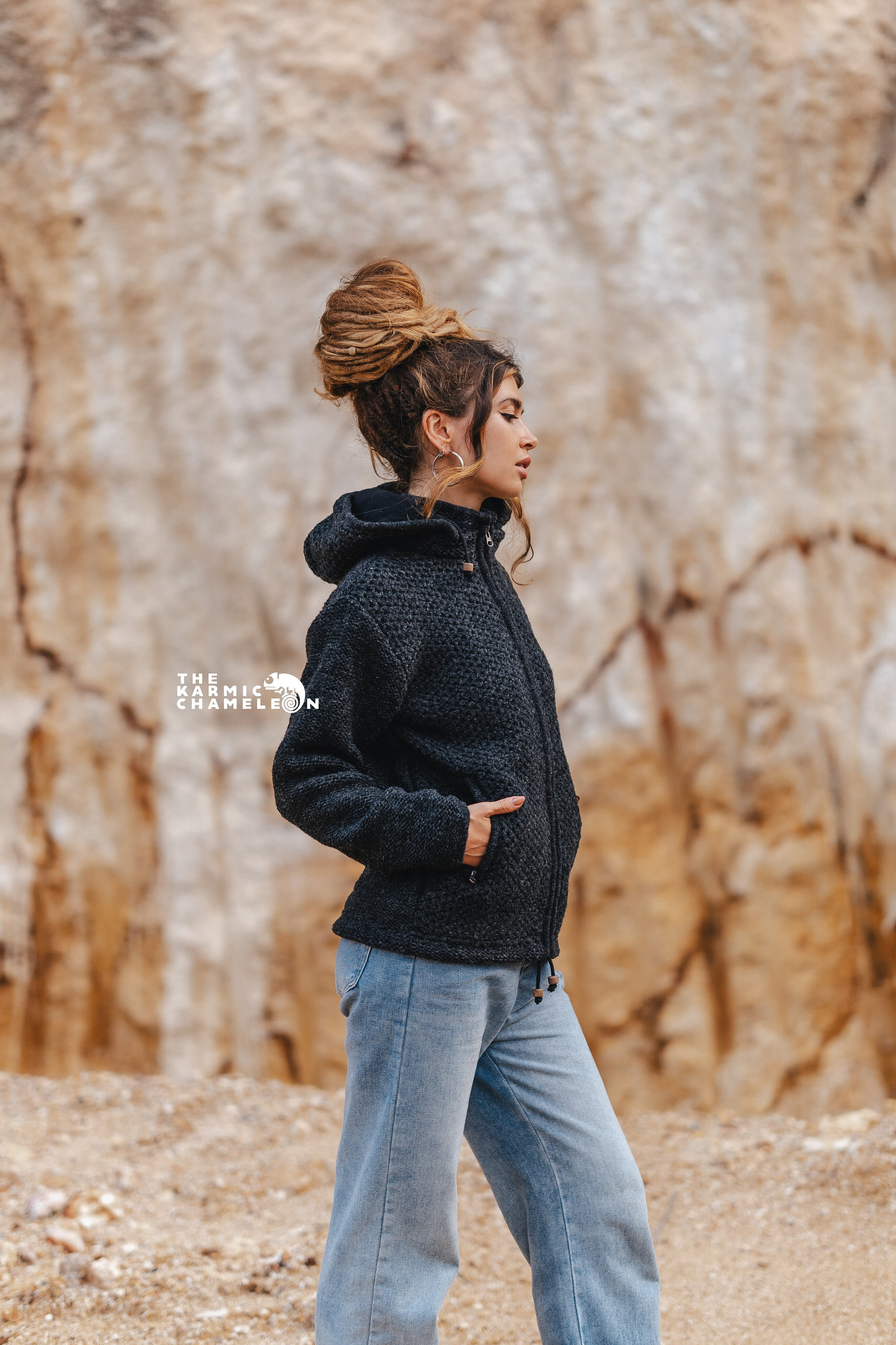 Grey Wool Fleece Lined Hoodie: Nepali Knit Winter Jacket Detchable Hood ...