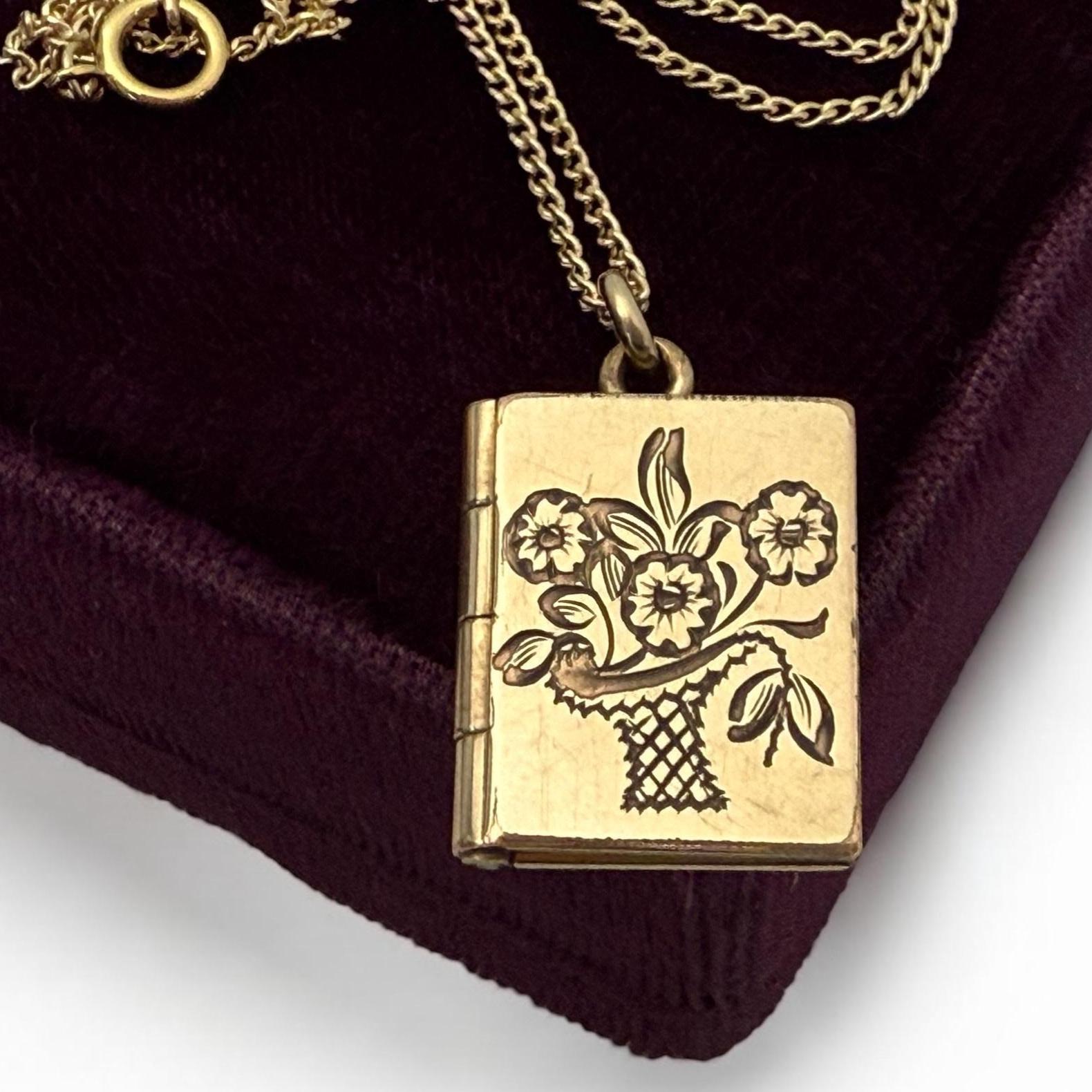 Vintage 12K Gold Filled Book Locket Necklace: Etched Flowers in Basket ...