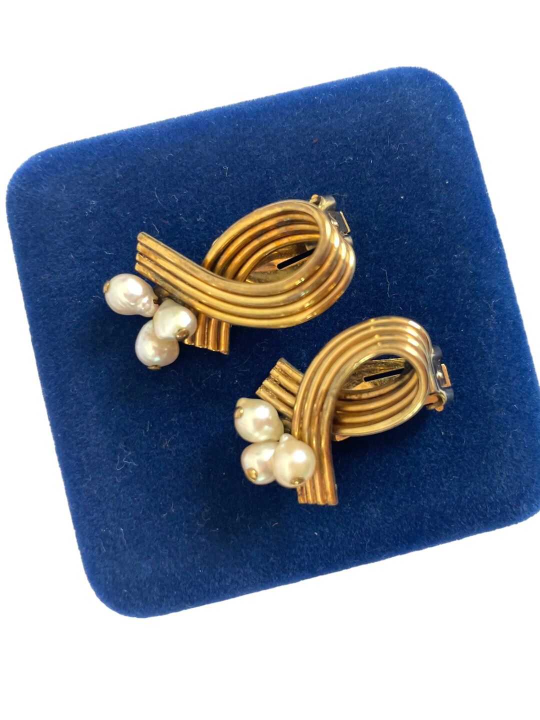 Mid Century Gold Filled Ribbon and Pearl Earrings Modern MCM IPS 12K GF ...