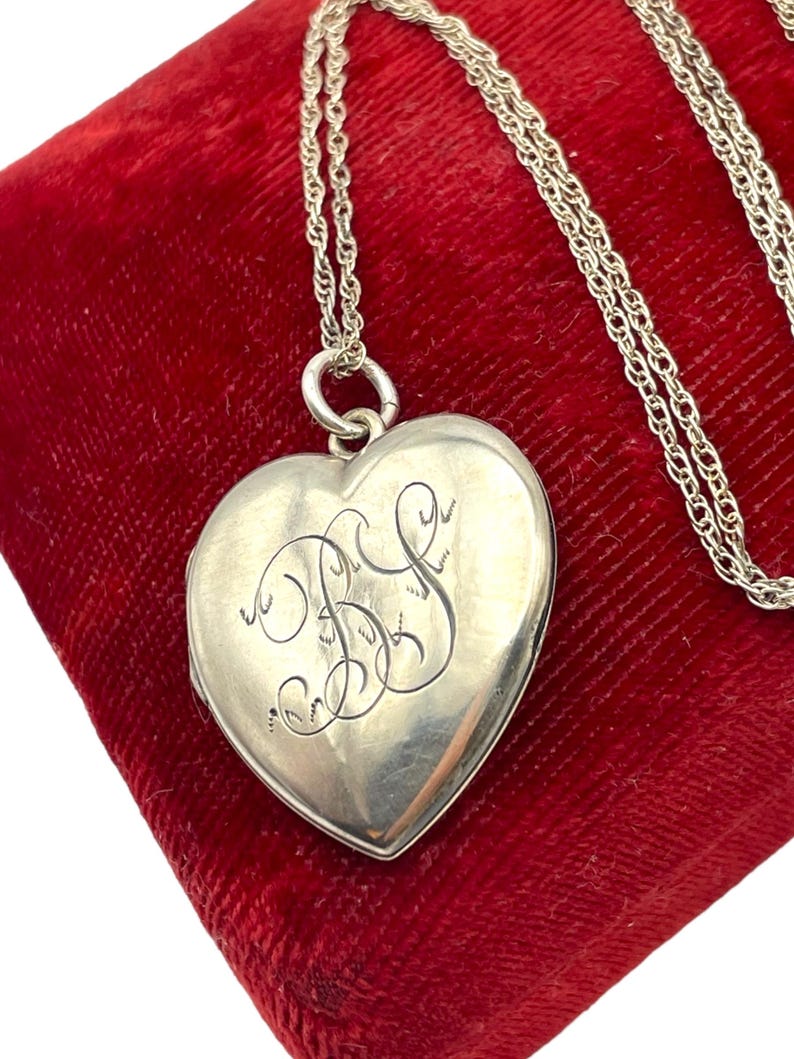 Vintage Sterling Silver Heart Locket Necklace - BT Monogram Photo ...